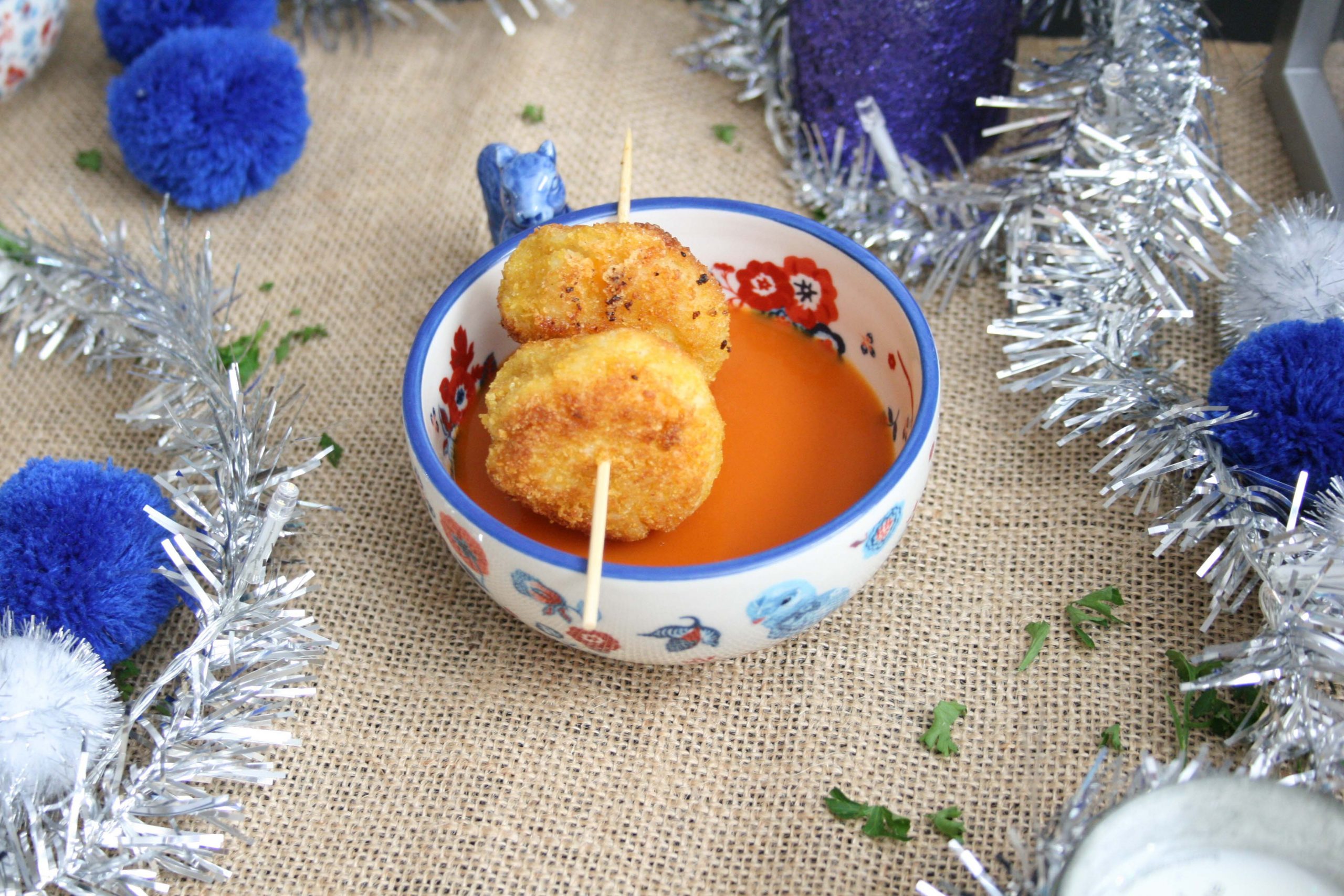 Cheddar Stuffed Latke Balls and Tomato Soup - Manischewitz